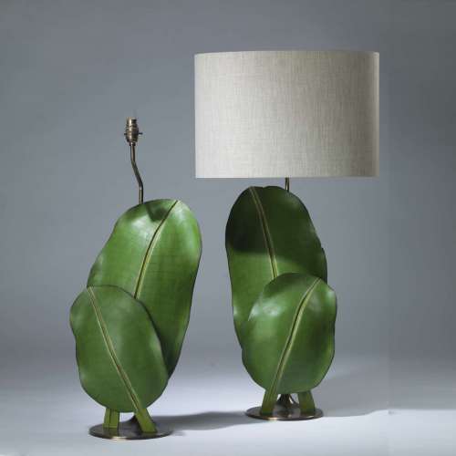 Pair Of Large Green Wooden Leaf Lamps On Round Brass Bases (T4162 ...